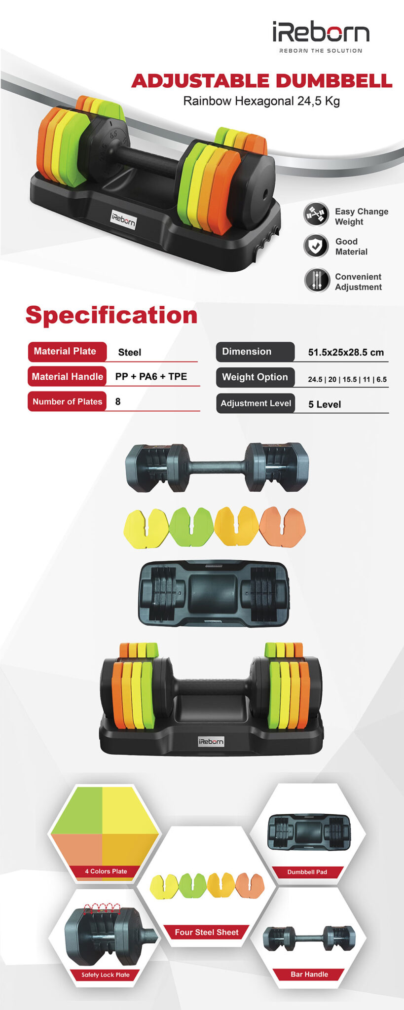 iReborn Adjustable Dumbbell Rainbow Hexagonal | iReborn